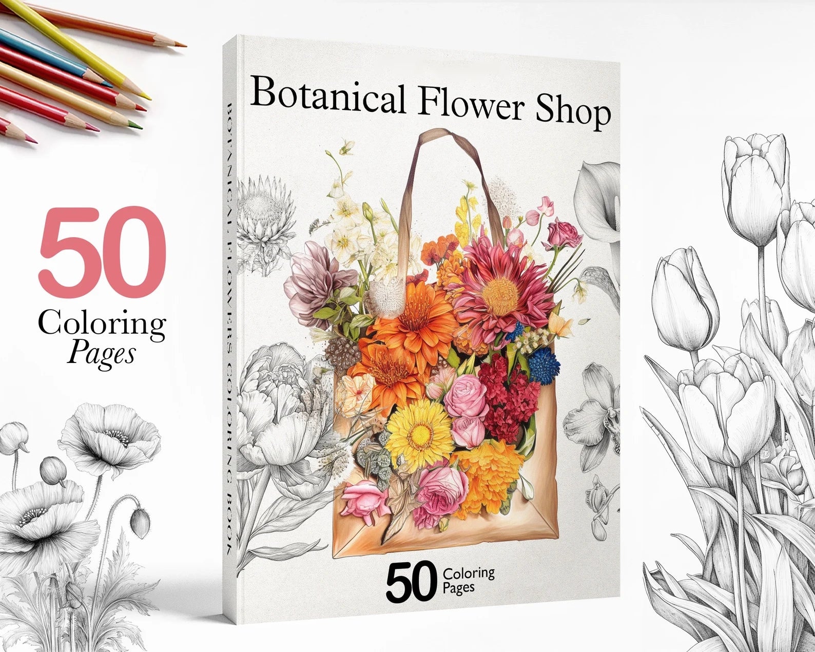 Botanical Flowers Coloring Book, Beautiful Flowers Coloring Page, Prin ...