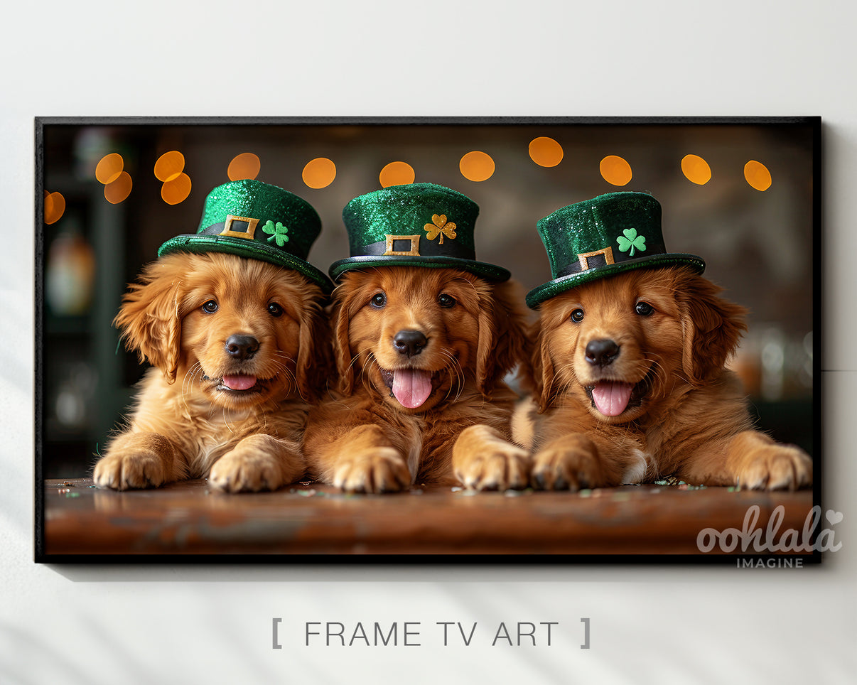 Cute Golden Retriever Puppies St. Patrick's Day Frame TV Art Wallpaper ...