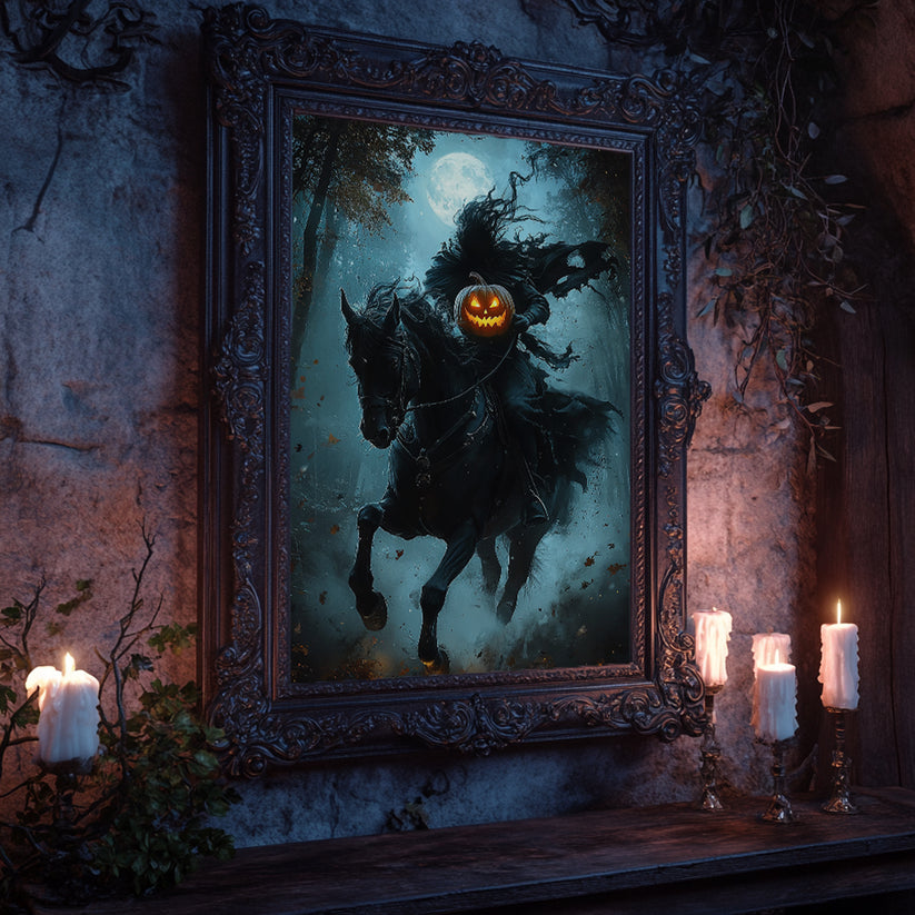 Faceless Horseman Pumpkin Poster – Spooky Halloween Wall Art – XY ELEMENT