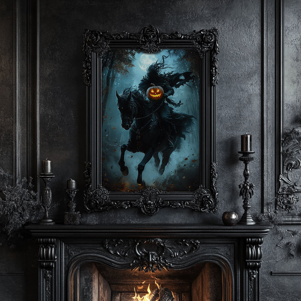 Faceless Horseman Pumpkin Poster – Spooky Halloween Wall Art – XY ELEMENT