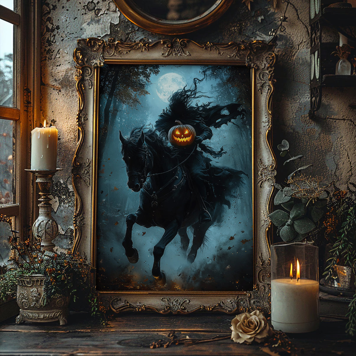 Faceless Horseman Pumpkin Poster – Spooky Halloween Wall Art – XY ELEMENT