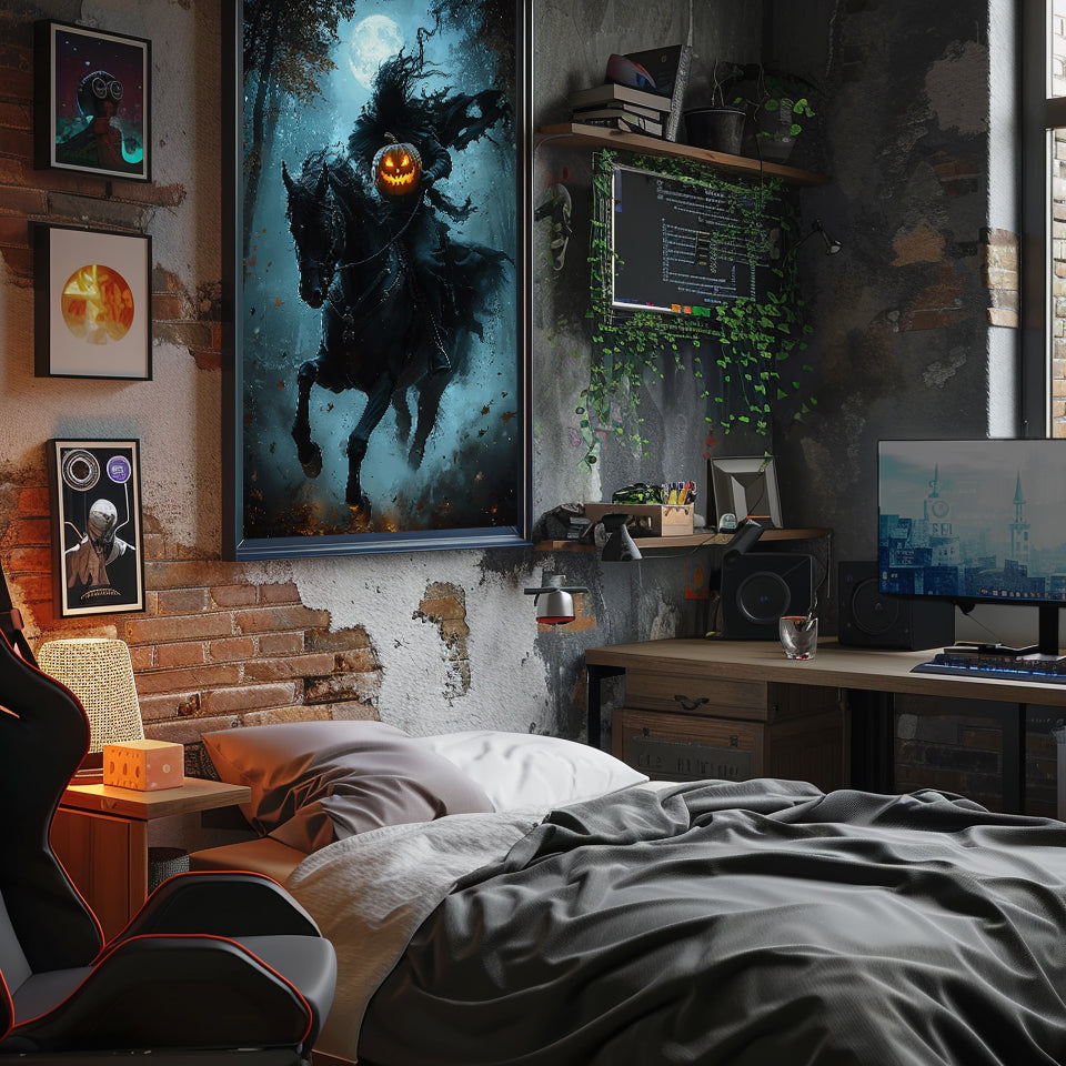 Faceless Horseman Pumpkin Poster – Spooky Halloween Wall Art – XY ELEMENT